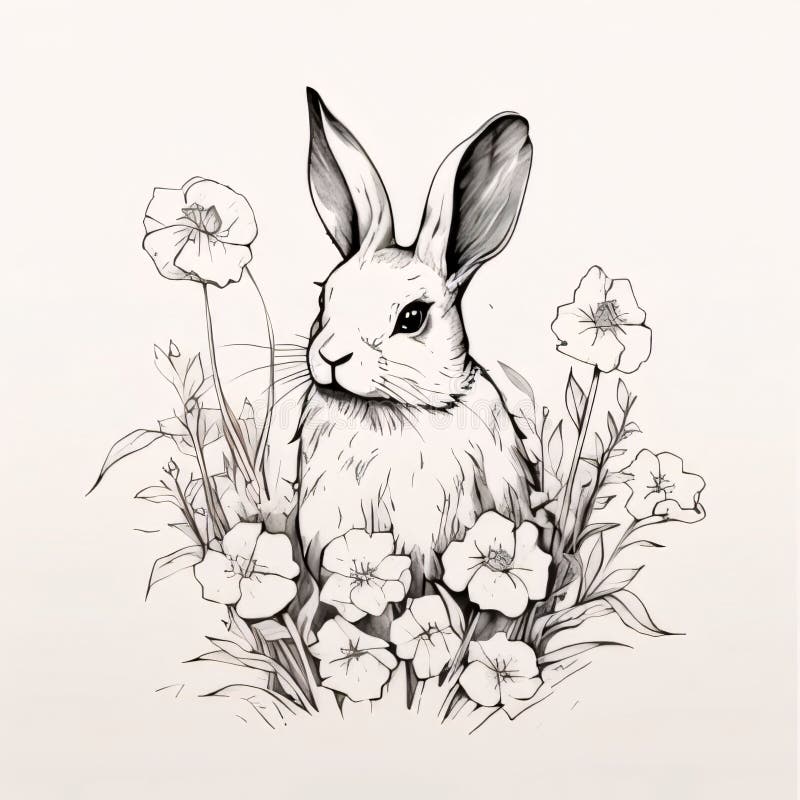 Rabbit with Flowers. Hand Drawn Vector Illustration in Sketch Style ...