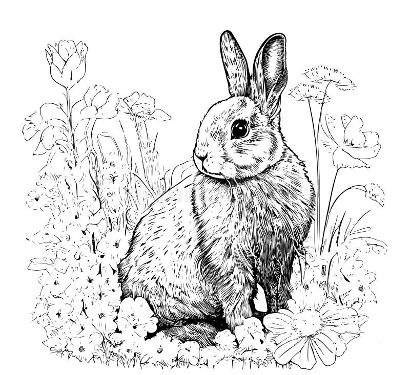 Rabbit In Flowers Sketch Hand Drawn In Doodle Style Stock Vector