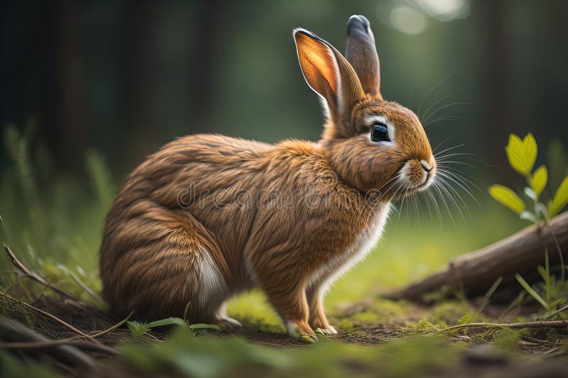 Rabbit in the Forest on a Background of Green Grass and Trees ...
