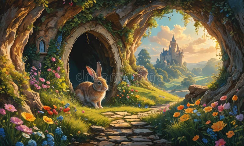 Rabbit in Forest with Flowers and Trees Stock Illustration ... Rabbit in Forest with Flowers and Trees Stock Illustration ...