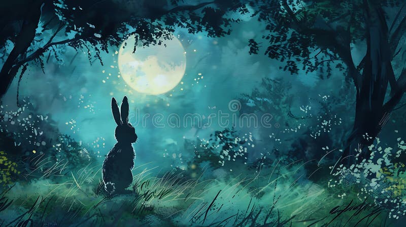 Nighttime Forest Rabbit with Full Moon – Vector Art Stock Illustration ...