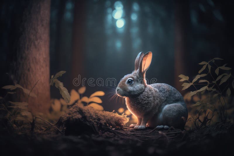 Rabbit in the Forest at Night. Generative AI Stock Illustration ...