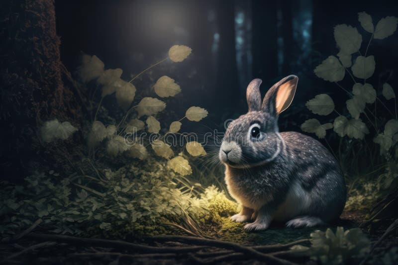 Rabbit in the Forest at Night. Generative AI Stock Illustration ...