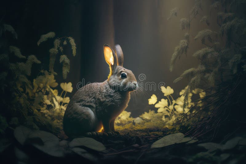 Rabbit in the Forest at Night. Generative AI Stock Illustration ...