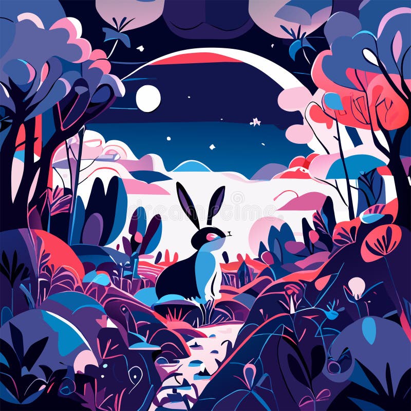 Rabbit in the Forest at Night. Vector Illustration in Flat Cartoon ...