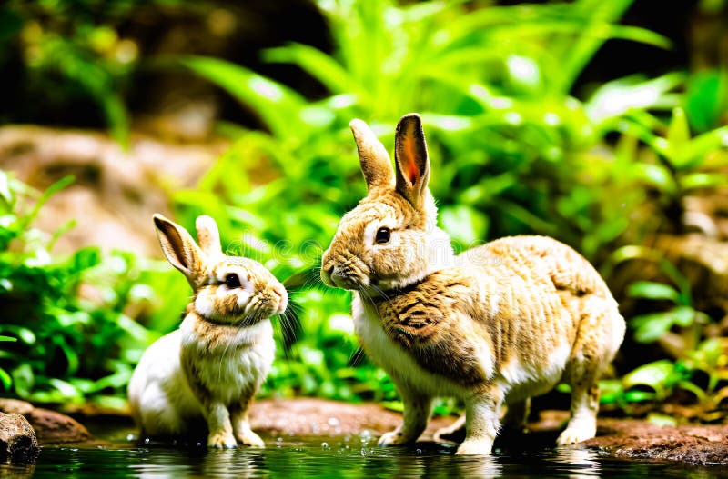 Rabbit in the Forest Playing in the Waterfall Stock Illustration ...