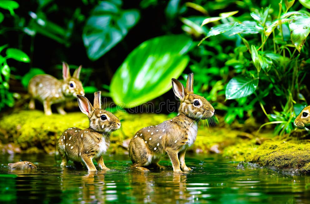 Rabbit in the Forest Playing in the Waterfall Stock Illustration ...