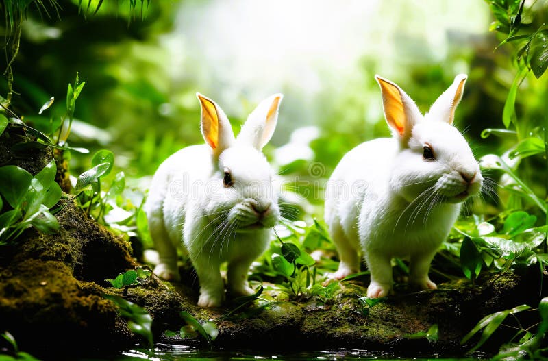 Rabbit in the Forest Playing in the Waterfall Stock Illustration ...