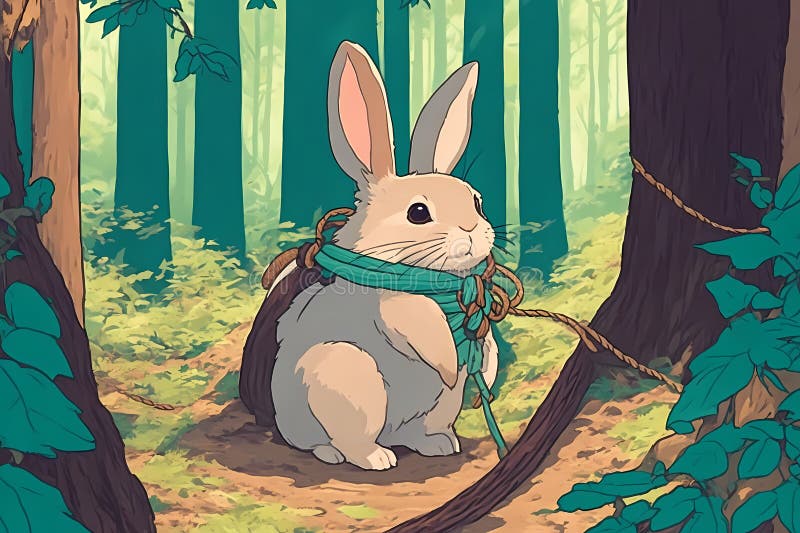 Rabbit in the Forest Tied Up with a Rope Ghibli Style Stock ...