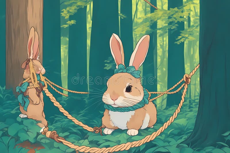 Rabbit in the Forest Tied Up with a Rope Ghibli Style Stock ...