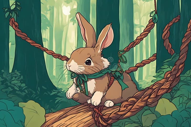 Rabbit in the Forest Tied Up with a Rope Ghibli Style Stock ...