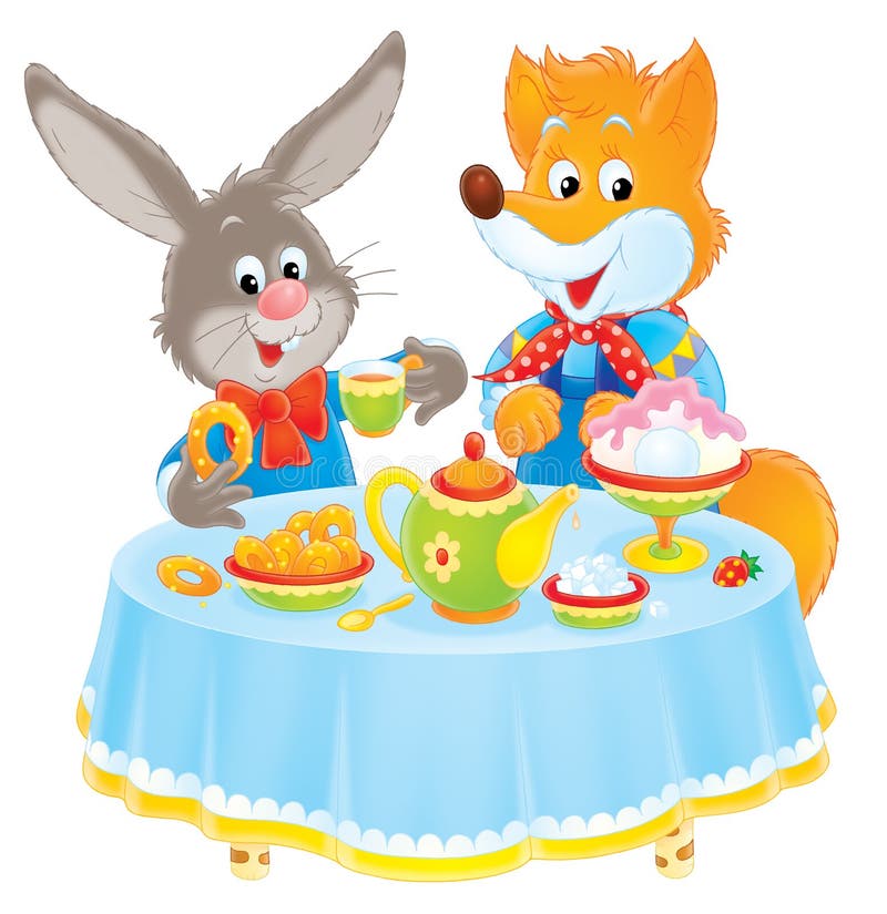 Rabbit and Fox at table stock illustration. Illustration of clipart ...