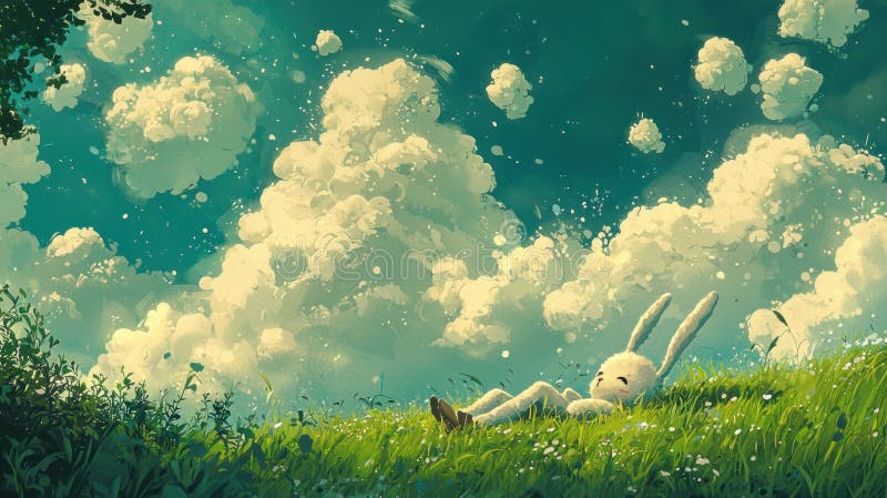 Rabbit Gazing at Clouds in Grassy Field Stock Photo - Image of ...