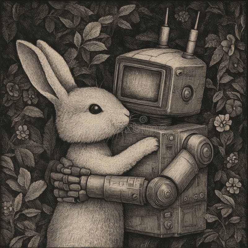 A Rabbit Gently Hugging a Vintage-style Robot, Showcasing a Unique and ...