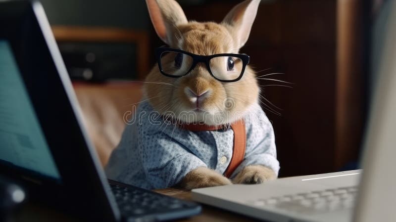 Rabbit in Glasses Office Worker at Workplace. Generative AI Stock ...