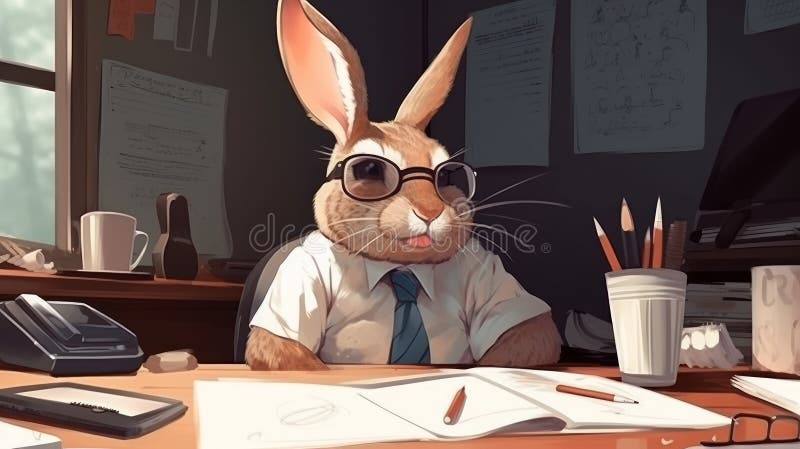 Rabbit in Glasses Office Worker at Workplace. Generative AI Stock ...