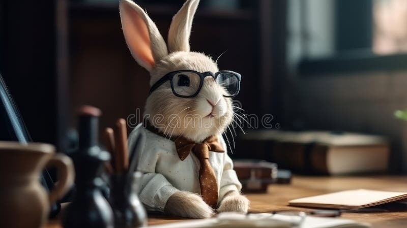 Rabbit in Glasses Office Worker at Workplace. Generative AI Stock ...