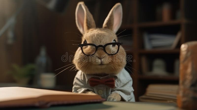 Rabbit in Glasses Office Worker at Workplace. Generative AI Stock ...