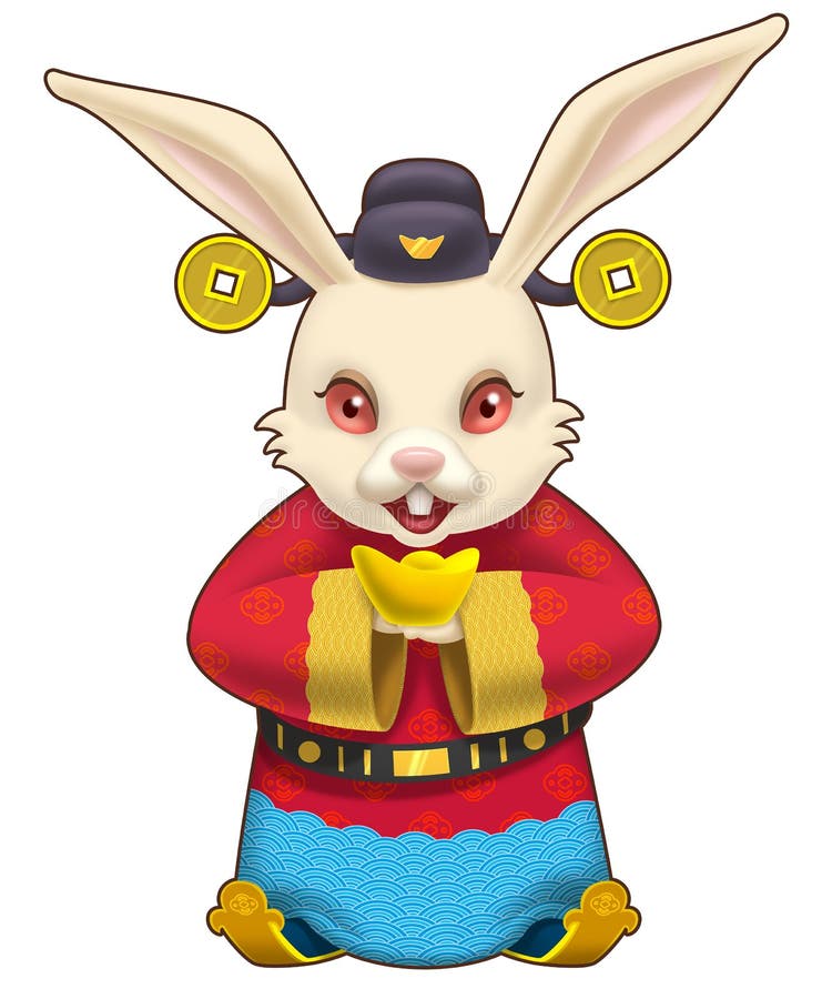 Rabbit God of Fortune Holding a Gold Nugget Stock Illustration ...