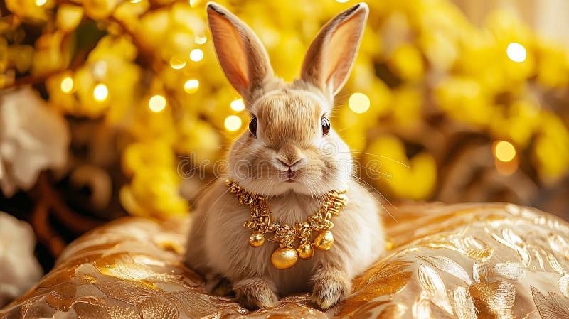 Rabbit with a Golden Necklace, Surrounded by Yellow Flowers Stock ...