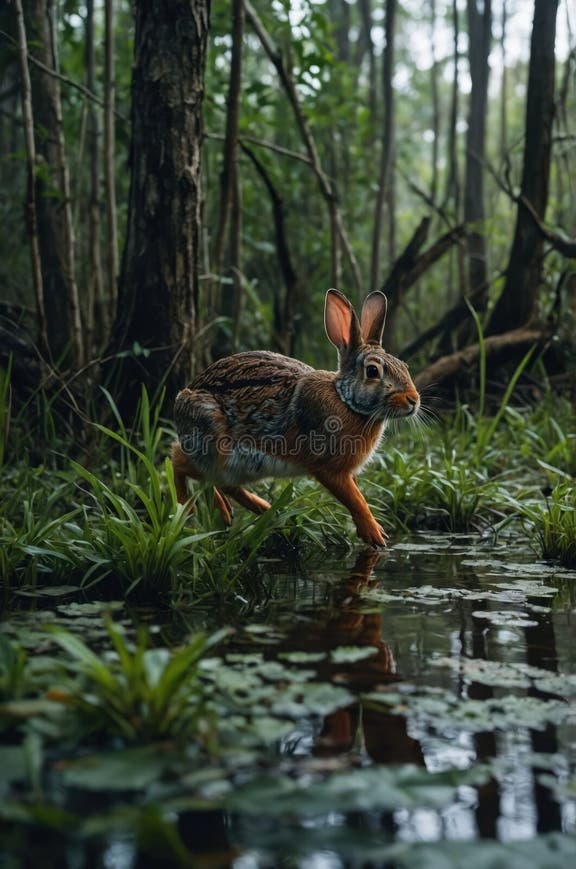 A Wild Rabbit in a Forest Swamp, Hopping Near Water Stock Illustration ...