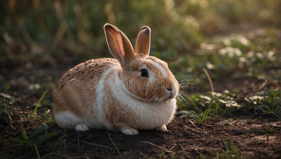 Little Red Rabbit Sits on the Ground Basking in the Evening Rays of the ...