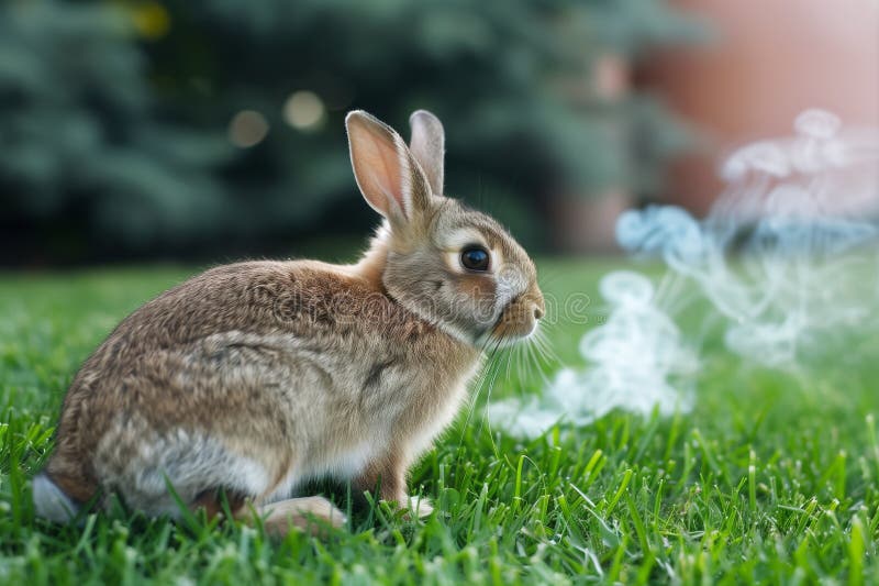 Rabbit on Grass with Smoke Rising in Distance Stock Image - Image of ...
