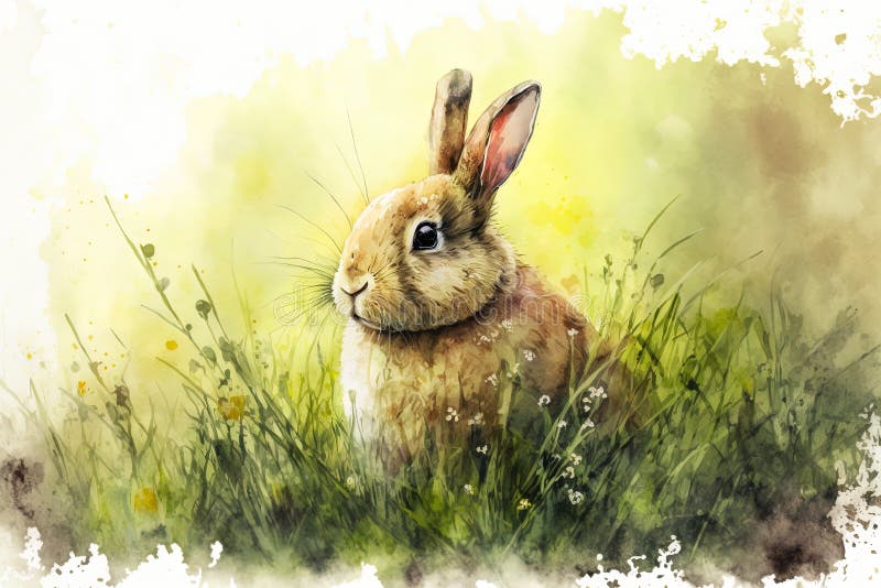 Rabbit in Grass, Watercolor Stock Illustration - Illustration of ...