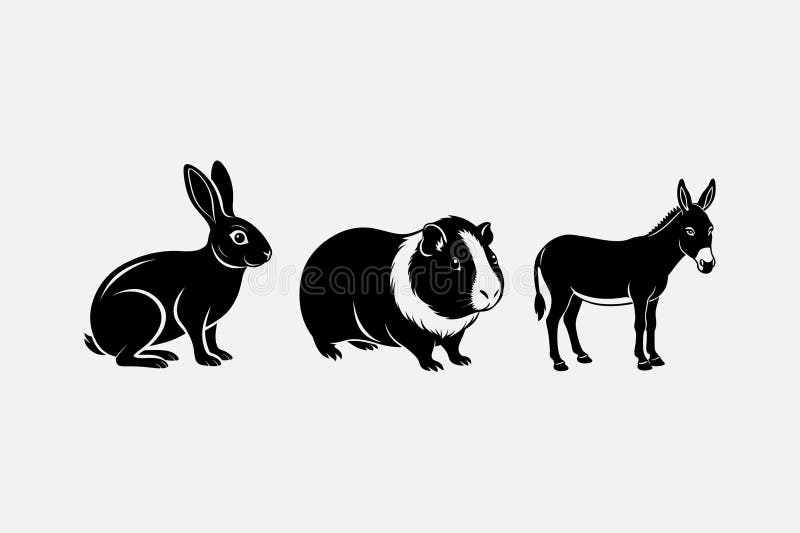 Rabbit, Guinea Pig and Mule Silhouette Herbivore Animals Vector ...