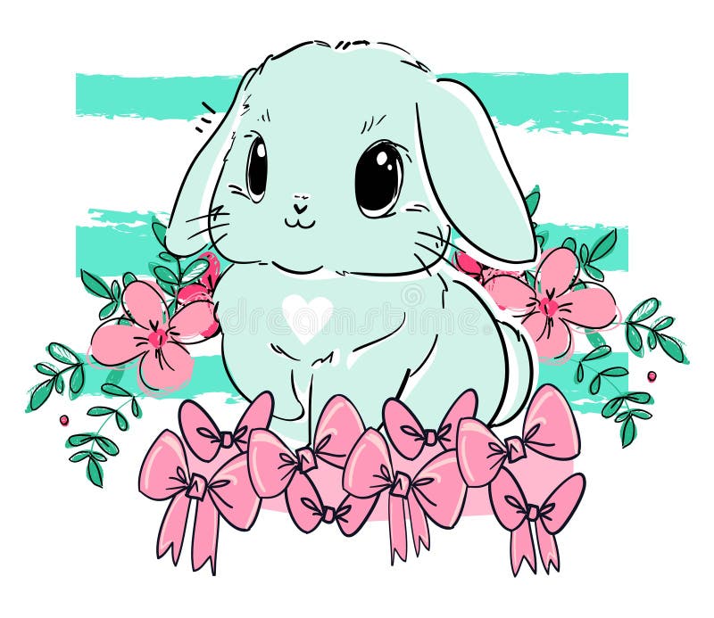Rabbit. Hand Drawn Cute Bunny and Flowers. Vector Illustration Stock ...