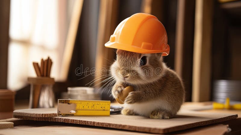 Rabbit with a Hard Hat, Measuring Materials.. Stock Image - Image of ...