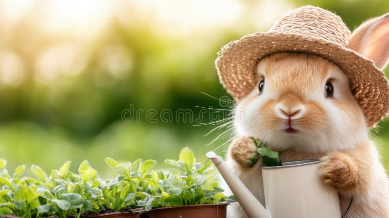 A Rabbit in a Hat Watering Plants with a Potted Plant, AI Stock Photo ...