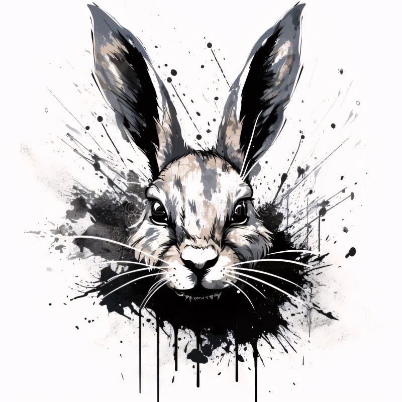 Rabbit Head with Grunge Splashes. Hand Drawn Vector Illustration Stock ...
