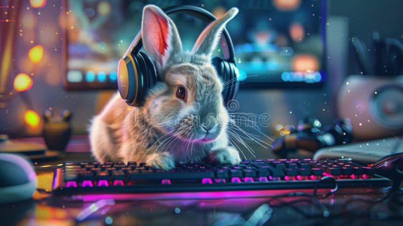 Rabbit in Headphones at Computer Stock Illustration - Illustration of ...