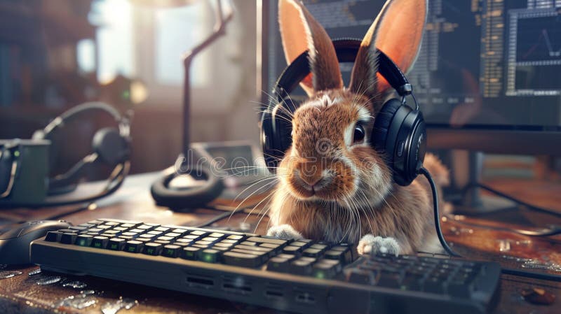 Rabbit in Headphones at Computer Stock Illustration - Illustration of ...