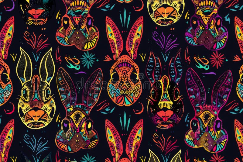 Rabbit Heads with Bright Tribal Designs in a Pattern. Stock ...