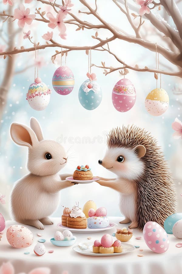 A Rabbit and a Hedgehog Joyfully Share Easter Sweets while Surrounded ...