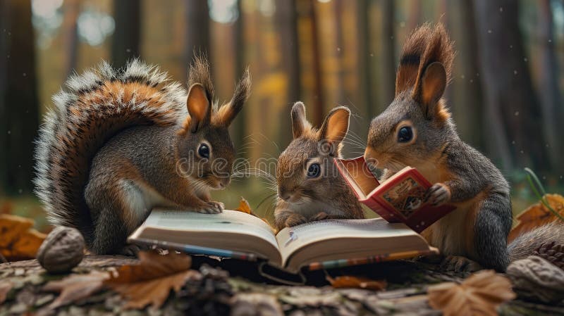 Rabbit, Hedgehog and Squirrel Read Books . Generative Ai Stock ...