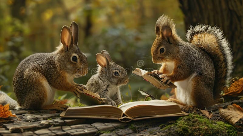 Rabbit, Hedgehog and Squirrel Read Books . Generative Ai Stock ...