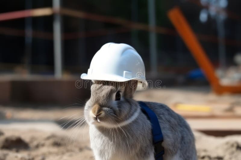 Rabbit in a Helmet of a Worker at a Construction Site Stock Photo ...