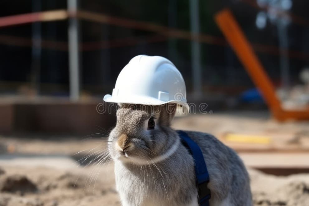 Rabbit in a Helmet of a Worker at a Construction Site Stock Photo ...