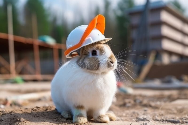 Rabbit in a Helmet of a Worker at a Construction Site Stock Photo ...