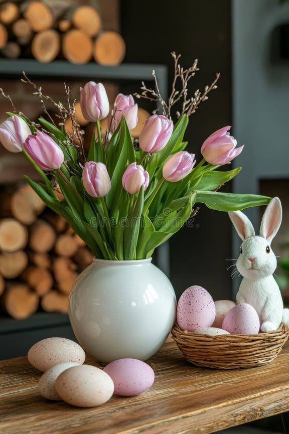 A Rabbit Hides Behind a Spring Tulip Container in White Stock Image ...