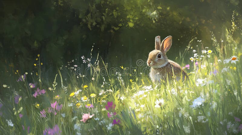 A Rabbit Hiding among Tall Grass and Wildflowers in a Sunny Garden Pic ...