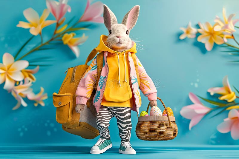 A Rabbit is Holding a Basket of Easter Eggs on Light Teal Background ...