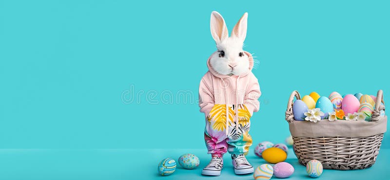 A Rabbit is Holding a Basket of Easter Eggs on Light Teal Background ...