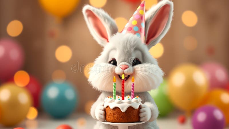 Rabbit is Holding a Cake with Candles and a Party Hat Stock Photo ...