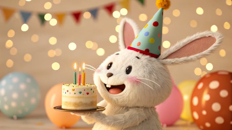 Rabbit is Holding a Cake and a Party Hat Stock Image - Image of fluffy ...