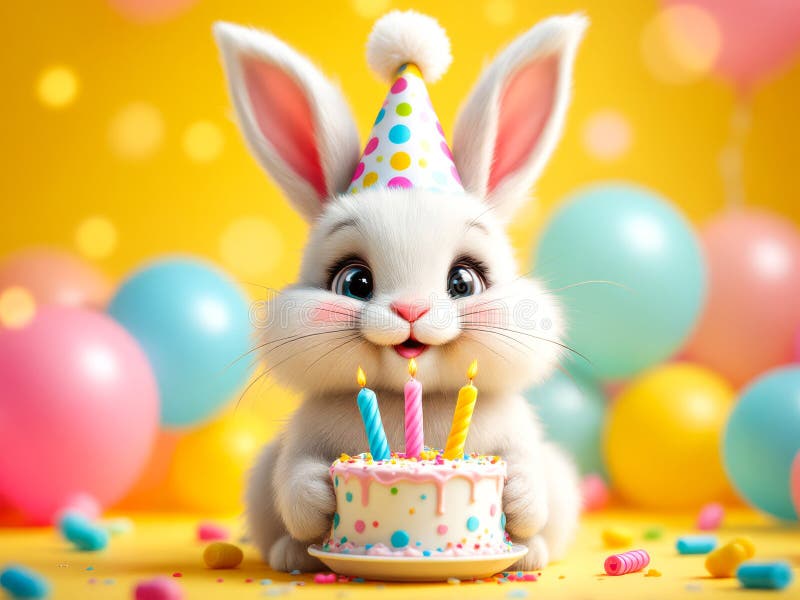 Rabbit is Holding a Cake with Three Candles on it Stock Image - Image ...