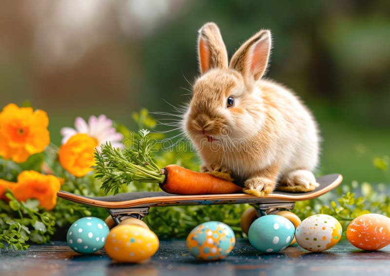A Rabbit Holding Carrots while Standing on a Skateboard in a Garden ...